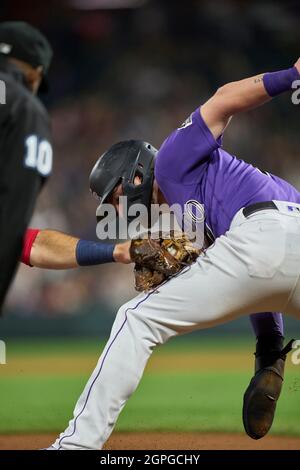 September 7 2021: Colorado third basemen Joshua Fuentes (8) gets a hit ...
