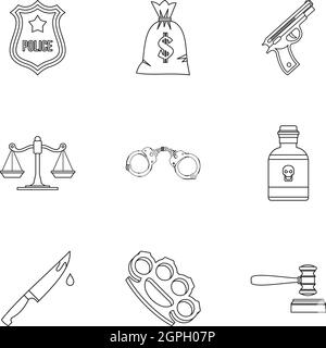 Crime, Criminal Mafia outline icons set - Black symbol on white ...