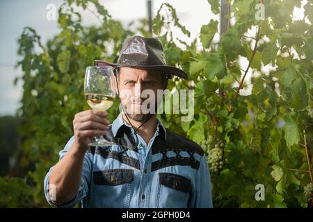 mature enologist man in hat hold wine glass at winery outdoor ...