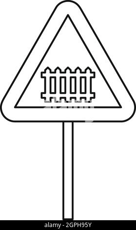 Road sign Warning railroad crossing. In Red Triangle, fence-barrier is ...