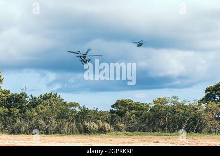 A UH-1Y Venom (left) and an AH-1Z Viper (center) both with Marine ...