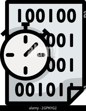 Fast Development Icon. Sheet With Binary Code and Stopwatch in Front. Flat color design. Data ...