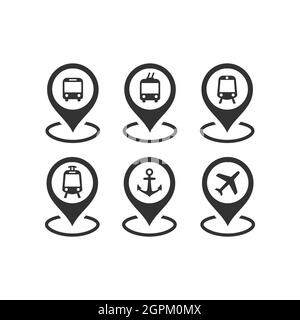 Public transport GPS map location multi colored flat icons on plain ...
