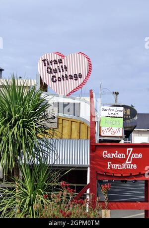 The main street of Tirau, New Zealand. The liquor store on the right ...