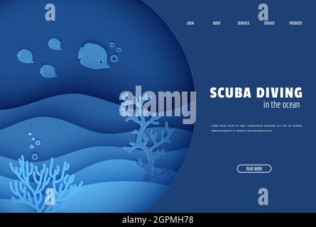 Landing page, cartoon underwater paper cut landscape, vector undersea ...