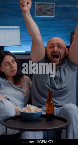 Excited woman celebrating good scoring of soccer championship, cheering ...