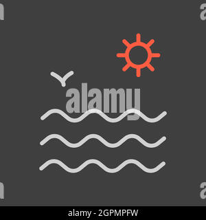 Sea waves and sun flat vector glyph icon on dark background. Summer ...