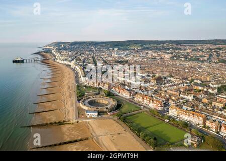 aerial view of eastbourne beach redoubt fortress and the pier on ...