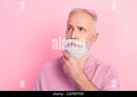 Photo of clever aged grey beard man touch eyewear look empty space wear ...