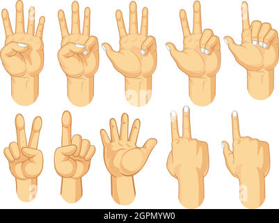 Cartoon hand numbers. Gesture counting sign, hands in white gloves count to five vector isolated ...