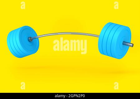 Abstract metal barbell with blue disks isolated on white background. 3d ...