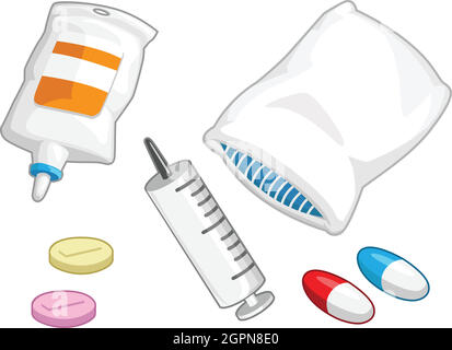 Medical Syringe Pills Capsule IV Drip Hospital Cartoon Vector Drawing ...