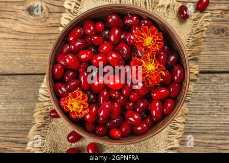 Ripe dogwood berry with bright marigold flowers. Fresh red Cornus in a ...