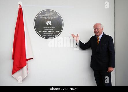 Outgoing MCC Chairman Gerald Corbett unveils the Edrich Stand during ...