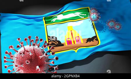 Barnaul and covid pandemic - virus attacking a city flag of Barnaul as ...