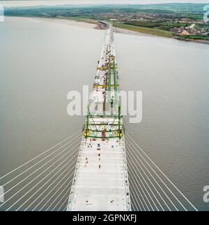 Aerial photograph of Both Severn bridges across the Severn Estuary ...