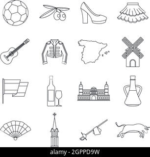 Spain outline icons, travel and Spanish culture, landmarks vector ...
