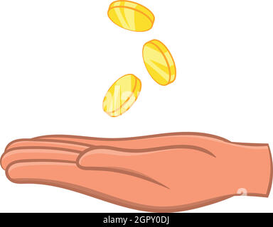 Cartoon hand holding falling coins isolated on blue background. Vector ...
