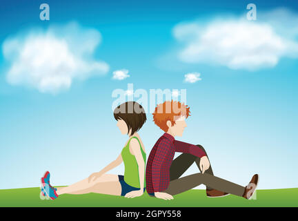 People sitting. Girl and boy sit on chairs. Cartoon vector characters ...