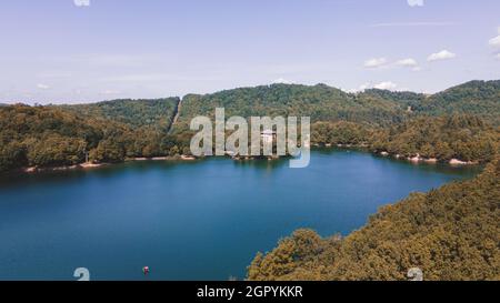 Aerial view of Lake Pocuvadlo in the locality of Banska Stiavnica in ...