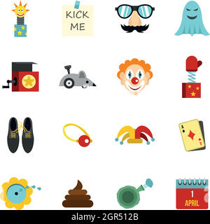 April fools day icons set in neon style. Prank playful actions set ...