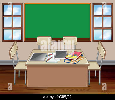 Kindergarten classroom interior with table and chairs, children slide ...