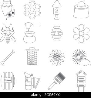 Honey, apiary and beekeeping thin line icons set vector illustration. Outline honey farm symbols ...