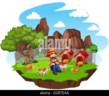 Farmer with cute dogs in farm on white background illustration Stock ...