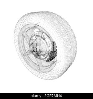 Car wheel wireframe from black lines isolated on white background. Side ...