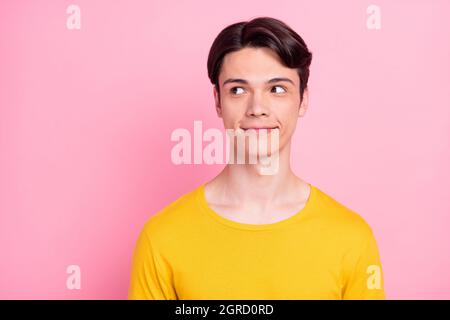 Photo of dreamy cute guy dressed green khaki hoodie showing finger ...