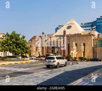 Dubai Wafi shopping mall building interior with Egyptian pyramid style ...