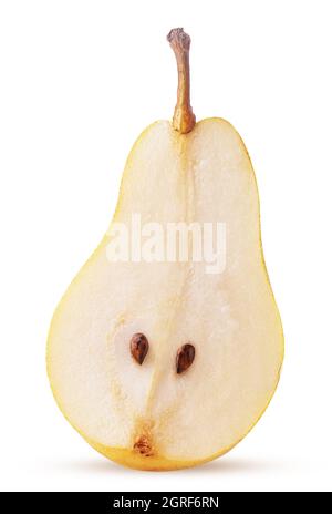 Fresh yellow pears cut in half with leaf isolated on white background ...