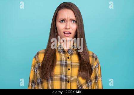 Portrait of unsatisfied impressed lady sullen eyebrows scream yell ...