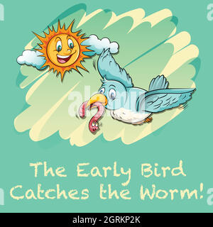 English idiom the early bird catches the worm template illustration ...