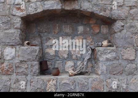 Old aged plastered faux arch false fake window stucco frame, vertical ...