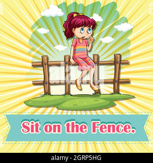 English idiom he's sitting on the fence template illustration Stock ...