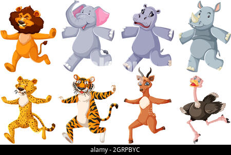 Wild animals group are running cartoon style isolated on white ...