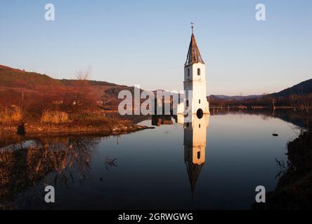 The ruins of a catholic church on the surface of Lake Bezid, the ...