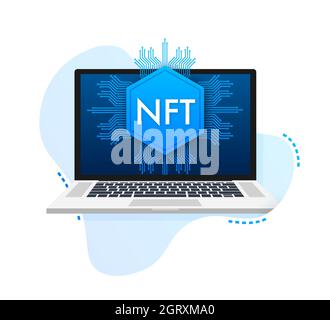 Flat illustration with nft laptop screen. Banner vector. Flat design ...
