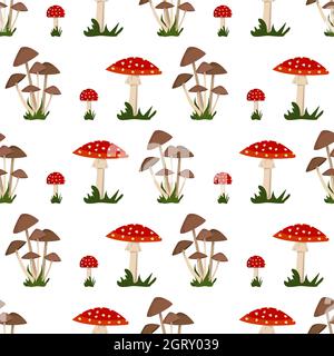 Fly agaric toadstool mushroom seamless pattern yellow green for textile ...