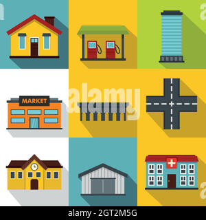 Public building icons set. Flat illustration of 9 public building ...