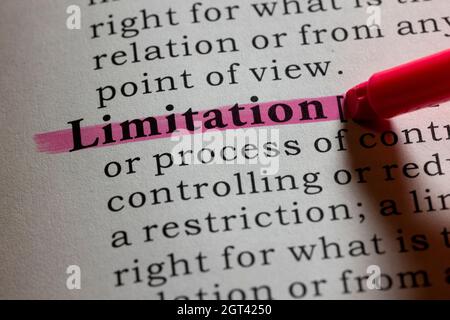 Fake Dictionary word, Dictionary definition of limitation Stock Photo ...