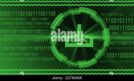 Download symbol centered into HUD elements on binary code background - blue banner design - data ...