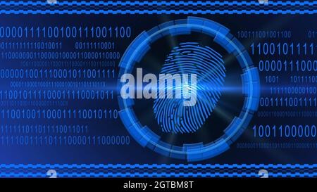 Fingerprint centered into HUD elements on binary code background - green banner design ...