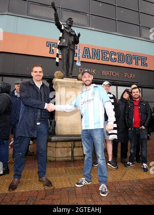 Coventry City fans next to the Jimmy Hill statue on Jimmy Hill Day ...