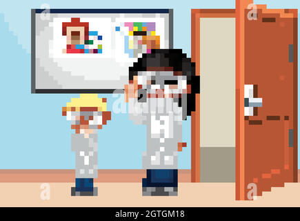 School Biology woman teacher in audience class concept. Students and ...