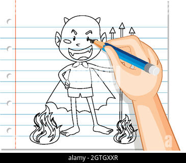 Hand drawing of devil cartoon outline illustration Stock Vector Image ...