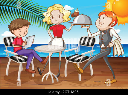 Waiter and waitress characters serving food and drink isolated on white ...