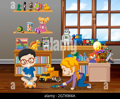 Children playing in room. Kids activity in kindergarten. Cartoon ...