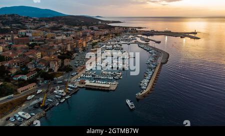 Aerial view of the marina of Propriano in the South of Corsica, France ...